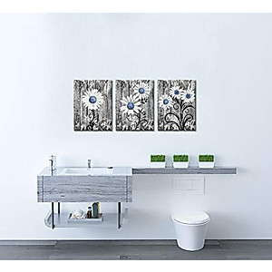 Zlove 3 Pieces Bathroom Picture Wall Decor Rustic Blue Daisy Flowers Giclee Print Gallery Wrap Modern Floral Home Kitchen Decor Ready to Hang 12x16inchx3pcs