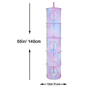 Sutinban 2 Pcs Hanging Mesh Stuffed Animal Storage for Kids Room, Bathroom and Balcony, 5 Tier Foldable Corner Net Organizer, for Organizing Plush Toys, Socks,Pink-Blue Tiedye(Pink)