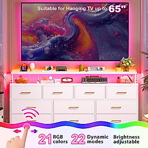 EnHomee 55" W White Dresser for Bedroom with 10 Drawers Long Dressers & Chests of Drawers with LED Lights & Power Outlets Large Dresser for Bedroom Dresser for Closet, Hallway, Metal Frame, White