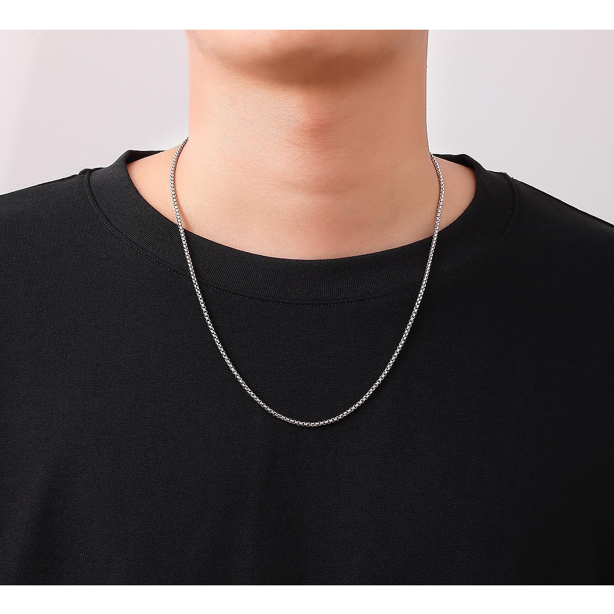 Fiusem Silver Tone Chain for Men, 2.5mm Mens Chain Necklaces, Stainless Steel Box Chain Necklace for Men and Women, Mens Necklace 20 Inch