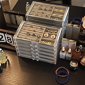 Cq acrylic Jewelry Organizer With 5 Drawers Clear Acrylic Jewelry Box Gift for Women Mens kids and Little girl Stackable Velvet Earring Display Holder for Earrings Ring Bracelet Necklace Holder,Grey