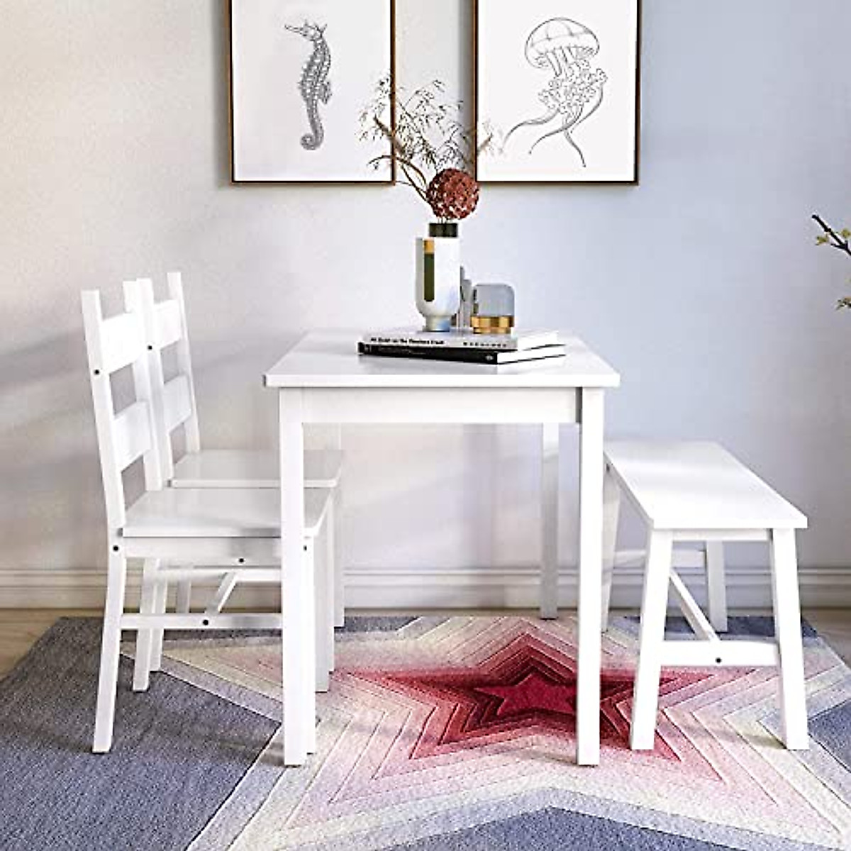 Dining Kitchen Table Set for 4, Solid Wood 4 PC Table and Chair Set, Rectangular Kitchen Table with 2 Chairs and Bench, Modern Farmhouse Dinette Table Set for Kitchen, Dining Room, Easy Assembly