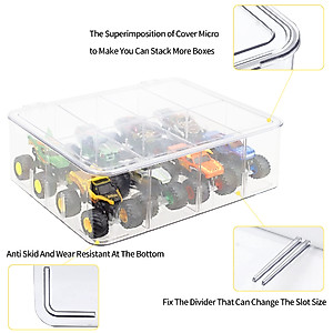 8 Slots Acrylic Toy Cars Display Case Fit for Monster Jam Trucks, Transparent Display Storage Case Holds 8 Monster Jam Truncks, Large Slots Toy Trucks Storage with Detachable Dividers