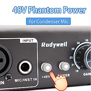 Rodyweil Microphone Preamp Mic Gain Booster with 2 Input Max 75db Gain 48V Phantom Power for Dynamic and Condenser Mic