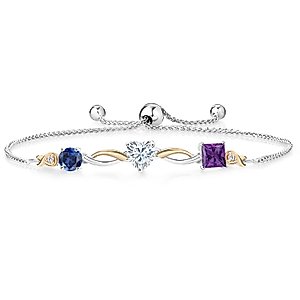 925 Sterling Silver and 10K Yellow Gold Customized and Personalized 3 Stone Round Heart and Princess Cut Gemstone Birthstone and Lab Grown Diamond Tennis Bracelet For Women By Keren Hanan