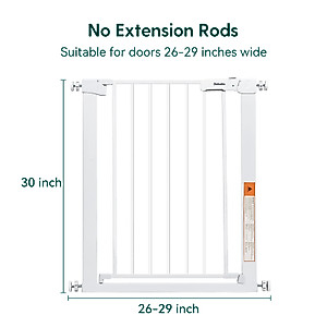 BABELIO 26-32 Inch Easy Install Narrow Pressure Mounted Metal Baby Gate, No Drilling, No Tools Required, with Wall Protectors and Extenders (White)