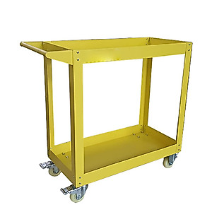 HPDMC 30in Large Steel Service Cart - Utility Carts with Wheels - 2 Shelf - Metal - 300 lbs Capacity - Shop Rolling Tool Carts - Yellow