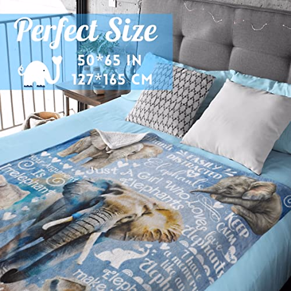 Elephant Gifts for Women, Just A Girl Who Loves Elephants, Throw Blanket for Sister, Daughter, Coworkers, Friends, 65 x 50 Inches, Blue