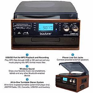 Boytone BT-22MS, Bluetooth Record Player Turntable, AM/FM Radio, Cassette, CD Player, 2 Built in Speaker, Ability to Convert Vinyl, Radio, Cassette, CD to MP3 Without a Computer, SD Slot, USB, AUX