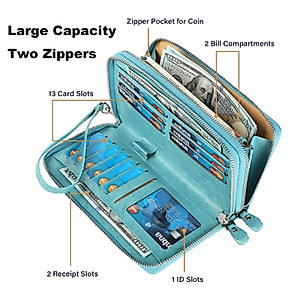 Lavemi Women's 100% Leather Double Zipper Large Capacity RFID Blocking Phone Holder Clutch Travel Purse with Wristlet Strap(Double Zipper Light Green)