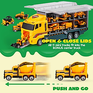 JOYIN 19 in 1 Die-cast Construction Toy Truck with Little Figures, Mini Construction Vehicles in Big Carrier Truck, Patrol Rescue Helicopter for Boys 3-9 Years Old, Kids Value Birthday Easter Gifts
