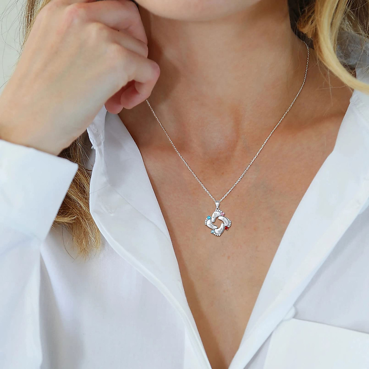 ChicSilver Sterling Silver Custom Feet Pendant Necklace for Women Personalized Mothers Necklace with 4 Simulated Birthstones 4 Names Engraved Mother Day Jewelry Gift for Mom Grandma