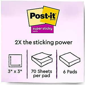 Post-it Super Sticky Notes, 3x3 in, 6 Pads, 2x the Sticking Power, Supernova Neons, Neon Colors, Recyclable (654-6SSMIA)