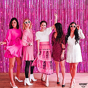 KatchOn, Iridescent Hot Pink Backdrop Curtain - Large 3.2x8 Feet, Pack of 2 | Pink Backdrop Fringe Curtain for Pink Birthday Decorations | Hot Pink Foil Fringe Curtain for Pink Party Decorations