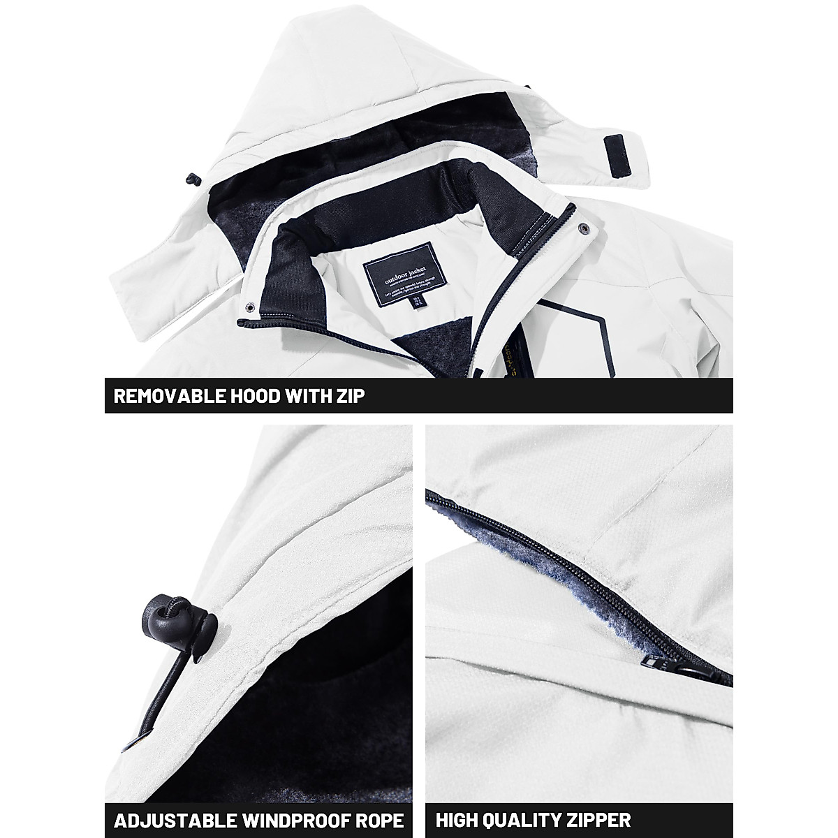 TACVASEN Skiing Jacket for Men Winter Jacket Waterproof Snowboard Jakcet with Hood Hiking Fishing Travel Fleece Jacket Parka Coat White, M