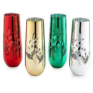 Multicolor 4-Piece Tree Holiday Stemless Champagne Glasses - Christmas Red Green Yellow Silver, Housewarming Gift For Her, Him Party Décor, Colored Trees Décor, Kitchen Home Decoration (Flutes)