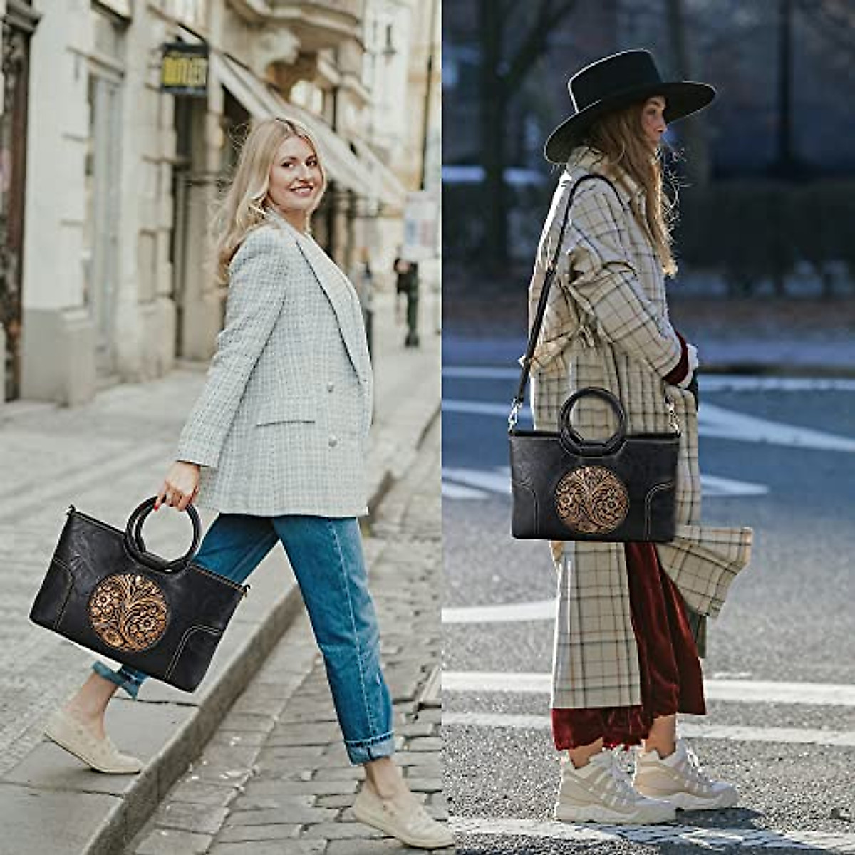 Purse And Handbags for Women Shoulder Bags Top Handle Medium Satchel Vintage Embossing Crossbody Bag (black)