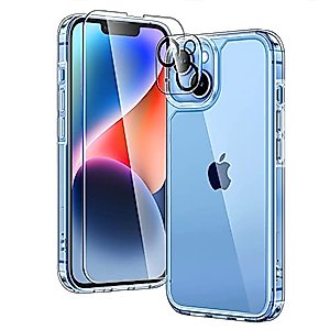 TAURI 5 in 1 Designed for iPhone 14 Plus Case Clear, [Not-Yellowing] with 2X Tempered Glass Screen Protector + 2X Camera Lens Protector, [Military-Grade Drop Protection] Slim Phone Case 6.7 Inch