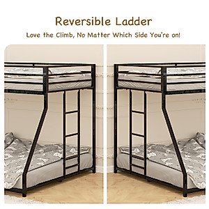 howcool Twin Over Full Bunk Bed, Sturdy Heavy-Duty Low Metal Frame with Reversible Ladder and Full-Length Guardrail for Kids Teens Bedroom Dorm, No Box Spring Needed, Noise Free, Black
