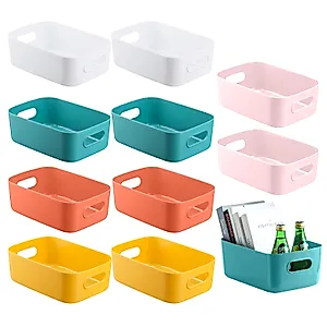10Pack Colorful Storage Bins with Lid and Handle, Plastic Storge Box Stackable Baskets Desktop Cubby Bins Containers for Shelf Cabinet Bedroom Office (Yellow/Pink/Green/Orange/White, 8x5.5x2.8inch)