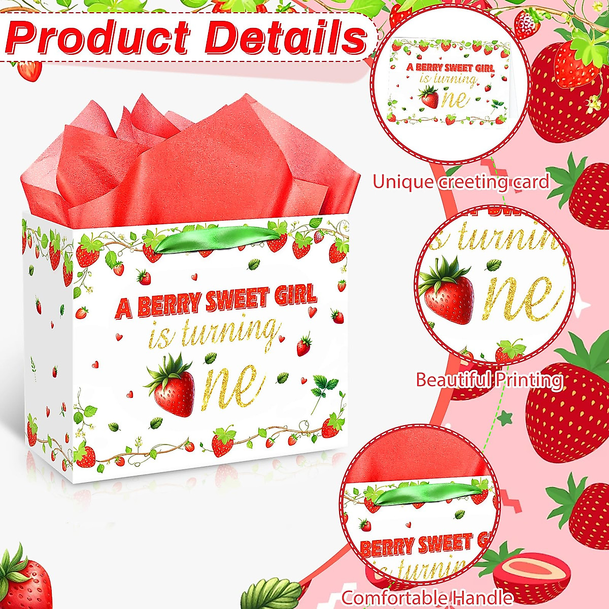 Baby Girl 1st Birthday Gift Bag A Berry Sweet Girl is Turning One Gift Bag Strawberry 1st Birthday Wrapping Bag with Tissue Paper and Card for Sweet Baby Girl Baby Shower Red Berry Birthday Christmas Party Supplies