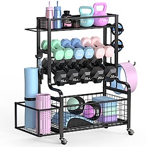 Dumbbell Rack, Weight Rack for Dumbbells, Home Gym Storage Rack for Yoga Mat Kettlebells Balls and Strength Training Equipment, Weight Storage Holder Rack for Dumbbells with Wheels and Hooks