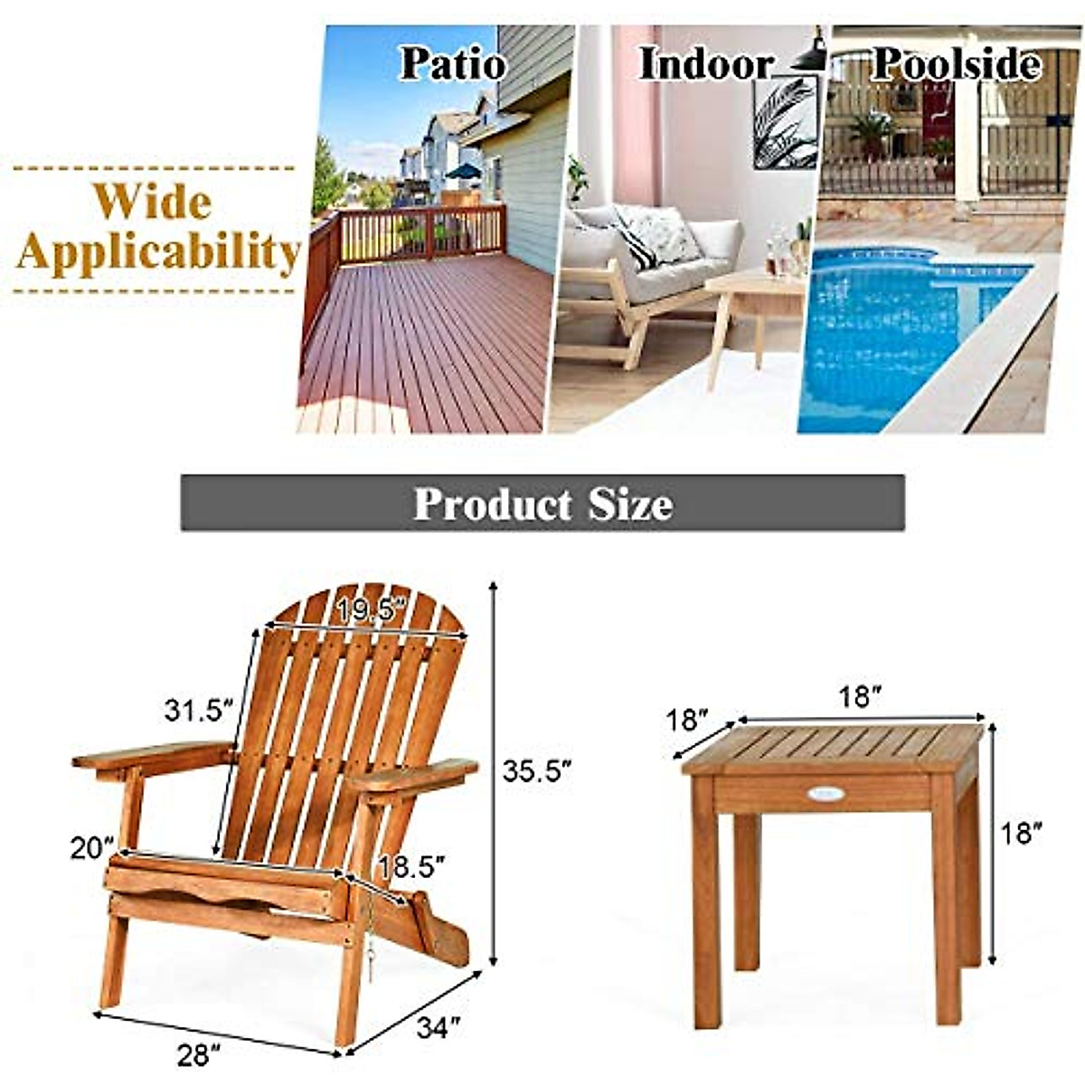 ReunionG 3Pcs Adirondack Chair and Table Set, Outdoor Wooden Lounger Chairs Set w/Widened Armrest, Eucalyptus Frame, Natural Finish, Foldable Chatting Furniture Set for Indoor, Patio and Garden
