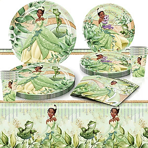 81 PCS Tiana Birthday Party Supplies, Princess Tiana Tableware Set Includes 40 PCS Plates, 20 PCS Napkins, 20 PCS Paper Cups, 1 PCS Tablecover for Boys Girls Birthday Party Baby Shower Decorations