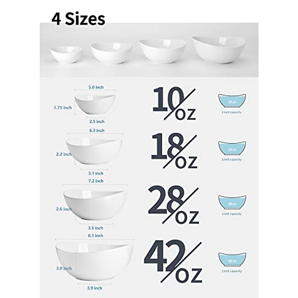 Sweese Porcelain Serving Bowls for Entertaining, 10-18-28-42 Ounce, Microwave & Dishwasher Safe, Large Serving Dishes, Prep Salad Bowls for Thanksgiving Christmas, White