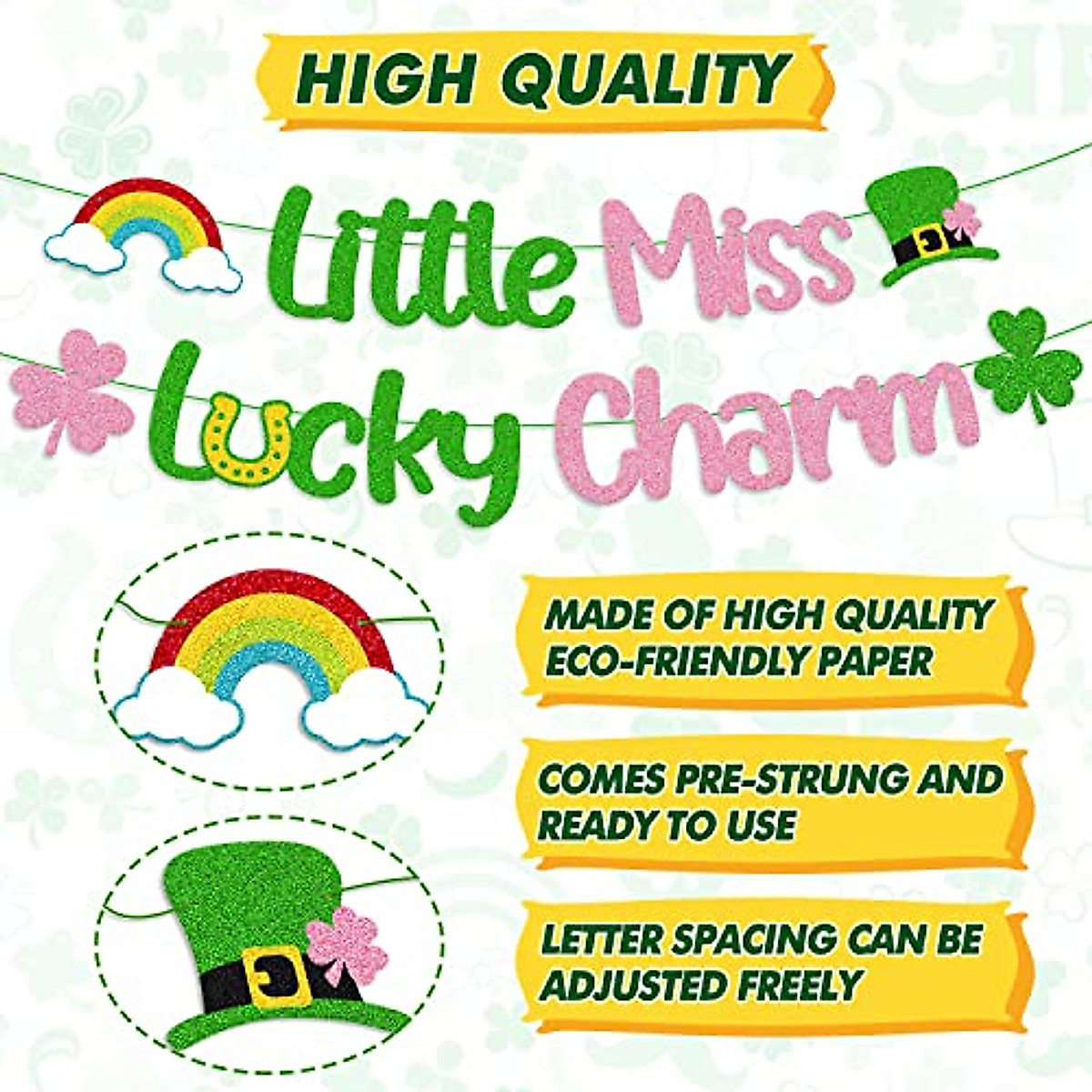 Little Miss Lucky Charm Banner St Patrick Day Decoration for Baby Girls Saint Patrick Garland Three Leaf Clover Shamrock Garland for Irish Day Party Decor Lucky Themed Baby Shower Birthday 1st 2nd 3rd 4th 5th 6th Birthday Party Anniversary Celebration Sup
