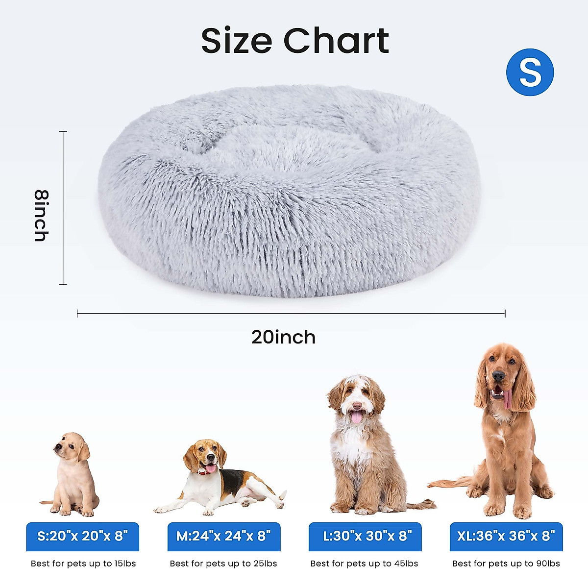 Dog Bed for Small Dogs and Cats, Washable Calming Donut Pet Bed, 20-Inch Anti-Slip Round Fluffy Plush Faux Fur, Anti-Anxiety, Comfortable for Sleeping, 20" L x 20" W x 8" Th for Pets up to 15 lbs