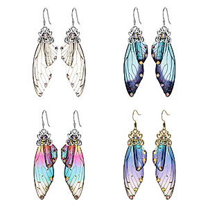 BriLove 4 Pairs Butterfly Wing Hook Earrings Elegant Crystal Insect Dragonfly Drop Dangle Earrings Set for Women Jewelry