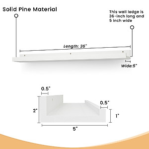 Acovy Floating Shelves for Wall, 36 inch Solid Wood Picture Ledge Shelf, Picture Shelf for Wall with Ledge, Floating Book Shelves for Living Room Bedroom Kitchen Nursery Decor, White, Set of 2