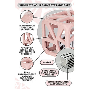 Malarkey Kids Silicone Teething Toys Chew Cube Baby Toy Activity Cube for New Born Babies Toys Rattle Teether Four Way Sensory Stimulation (Easy Grip, BPA Free Non Toxic, Mauve, Pack of 1)
