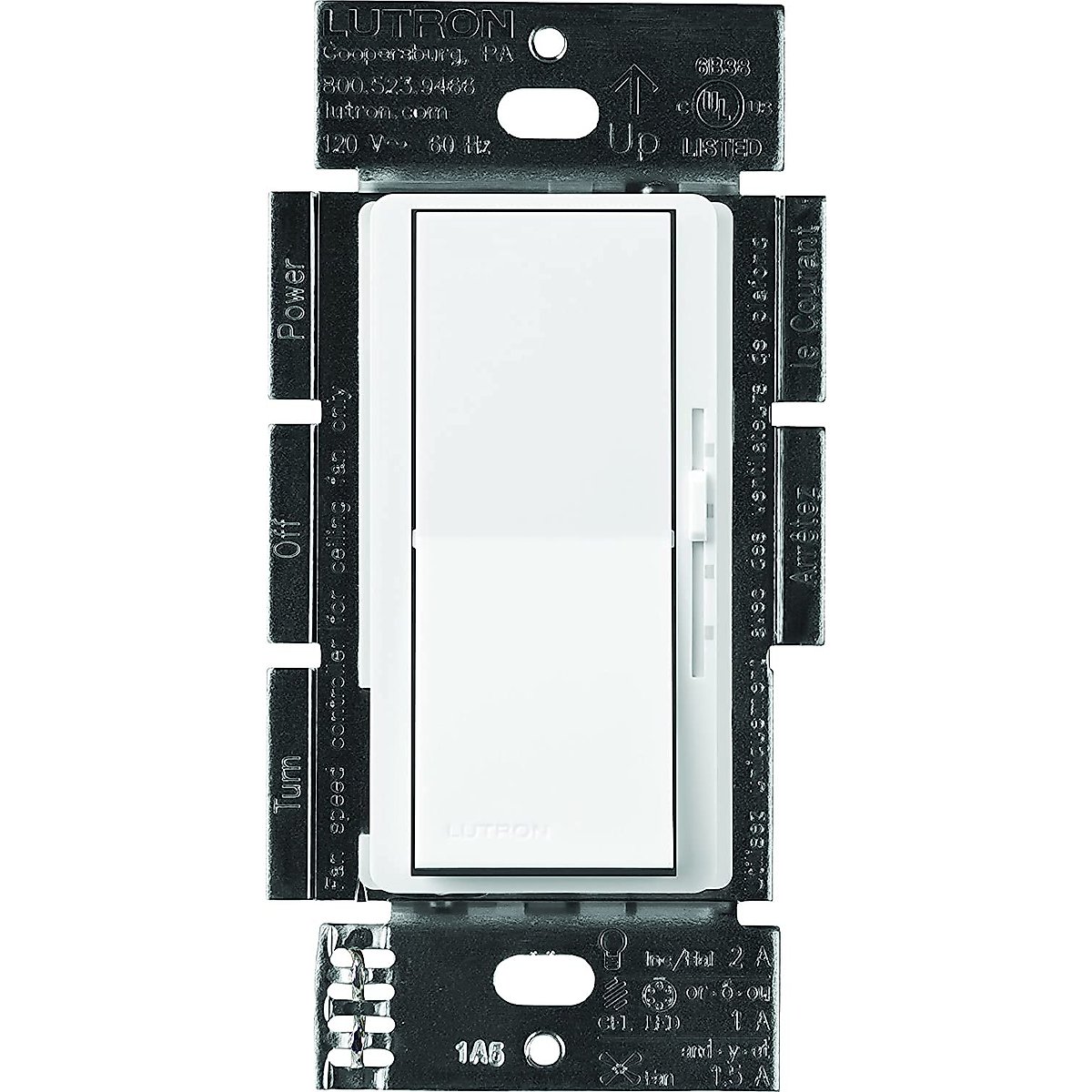 Lutron Diva 3-Speed Fan Control and Light Switch, Single-Pole/3-Way, 1.5A Fan/1A LED, DVFSQ-LF-WH, White