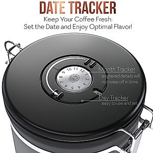 Extra Large 38oz Beans / 35oz Grounds Coffee Canister - Coffee Storage Container Tea Flour, Airtight Stainless Steel with Date Dial Release Valve Spoon