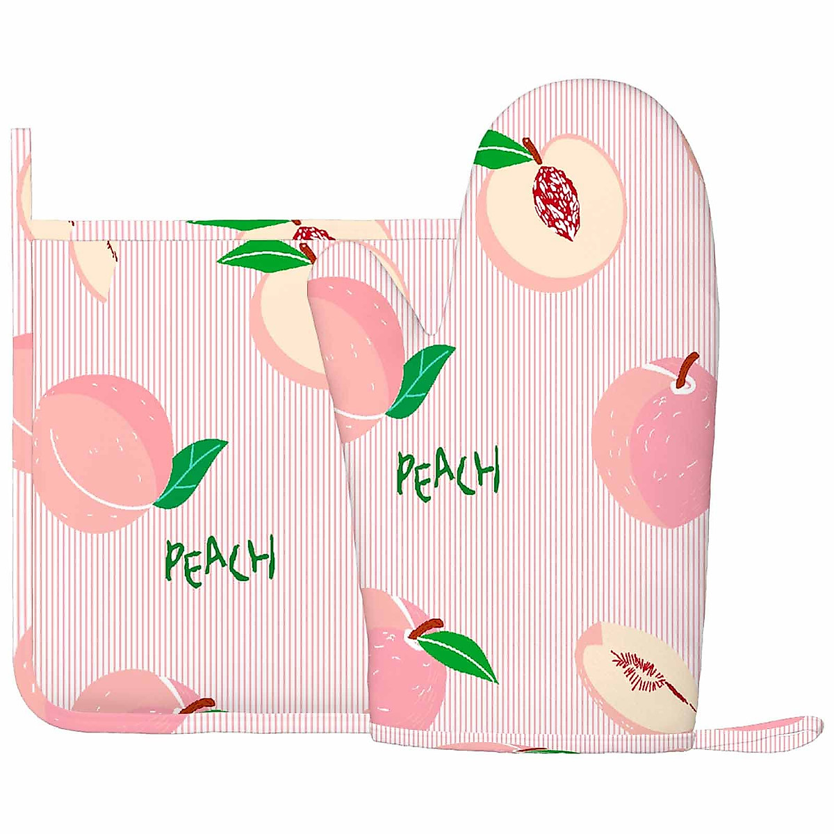 Mxocom Pink Peach Silicone Oven Mitts and Pot Holders Sets Hand Drawn Fruits on Pink Striped Background BBQ Gloves for Kitchen,Cooking,Baking,Grilling