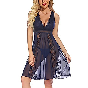 Avidlove Sexy Lingerie for Women Sheer Lace Chemise Nightgowns Bridal Nighty Blue Gray,M