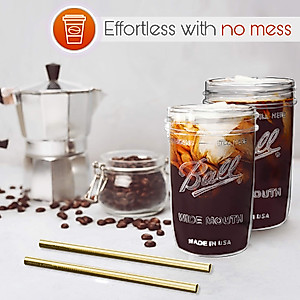 Reusable Boba Bubble Tea & Smoothie Cups - 2 Glass Wide Mouth 16oz Mason Jars with Bamboo Lids - 2 Reusable Gold Stainless Steel Boba Straws