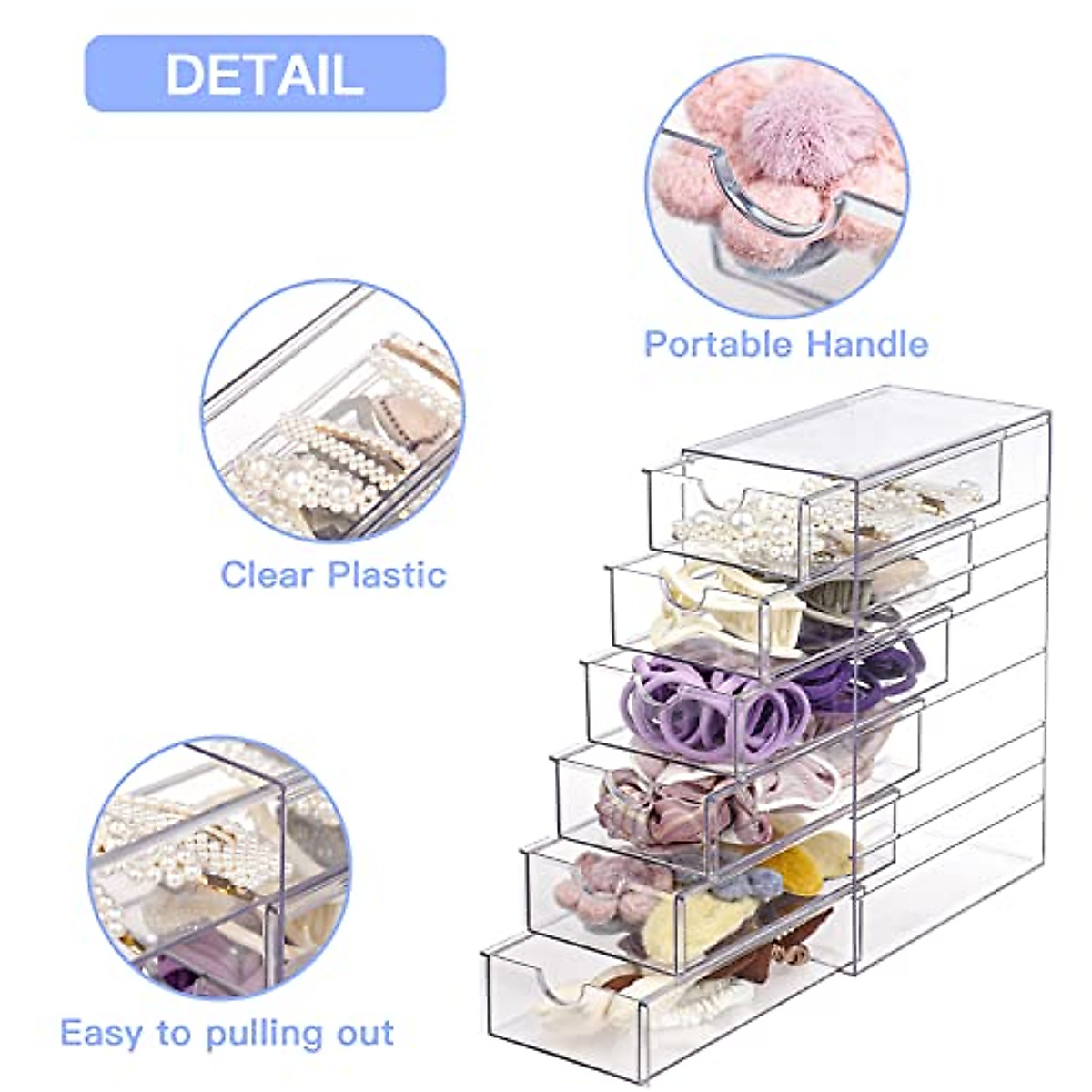 FABROK Clear Hair Accessory Organizer Box with 6 Drawers, Compact Storage Organization Drawers Set for Cosmetics, Glasses, Stationery, Stackable Storage Containers Box for Bathroom, Closet, Office