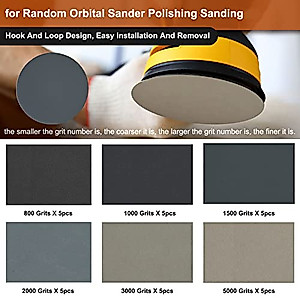 DAKLM 5 Inch Wet Dry Sandpaper, 30 PCS Assorted Grit Sanding Disc (800/1000/1500/2000/3000/5000) Premium Silicon Carbide Hook and Loop Sandpaper for Wood Metal Polishing and Sanding