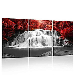 Kreative Arts Black White and Red Canvas Wall Art 3 Pieces Red Woods Waterfall Canvas Print Landscape Paintings Framed Picture for Office and Home Décor Ready to Hang 16x24inchx3pcs