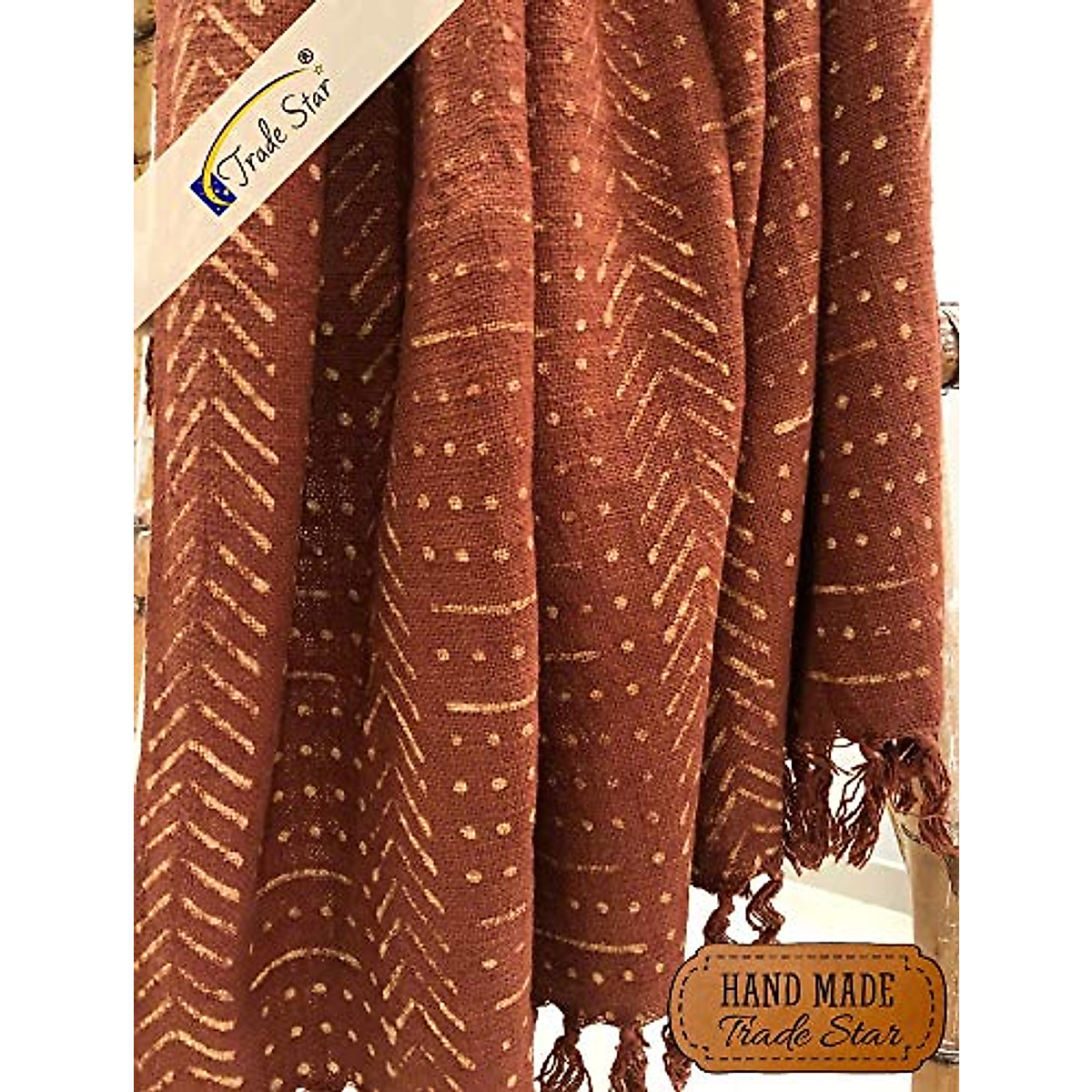Trade Star Decorative Ethnic Block Print Throw Blanket for Couch 100% Cotton Soft Tassel Blanket Handmade Mudcloth Throw for Home Handloomed Housewarming Gift (Rust, Snow (120 x 170 Cms))