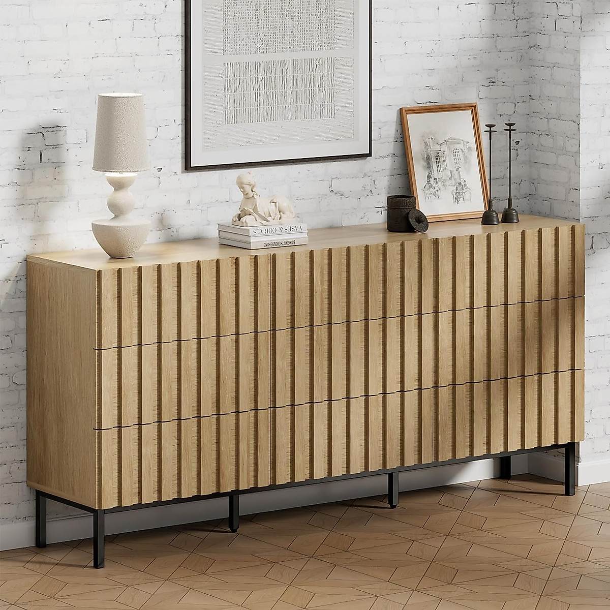UEV Modern 9 Drawer Dresser for Bedroom,59" Mid Century Modern Dresser,Fluted Dresser Natural Wood Dresser with Panels for Handle,Long Chest of Drawers TV Stand Dresser for Bedroom,Living Room,Hallway