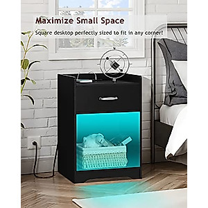 WEENFON Nightstand with Charging Station and LED Lights, Nightstands with USB Ports & Outlets, Small Night Stands for Bedroom, Black