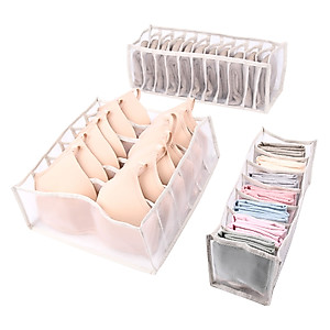 3pcs Underwear Organizers and Storage Baskets for Clothset Drawers, 6,7,11 Grids Wardrobe Clothes Organizer, Portable Clothing Storage Bins Containers for Bra,Underpants,Socks,Jeans,Scarf,Gray (WHITE)