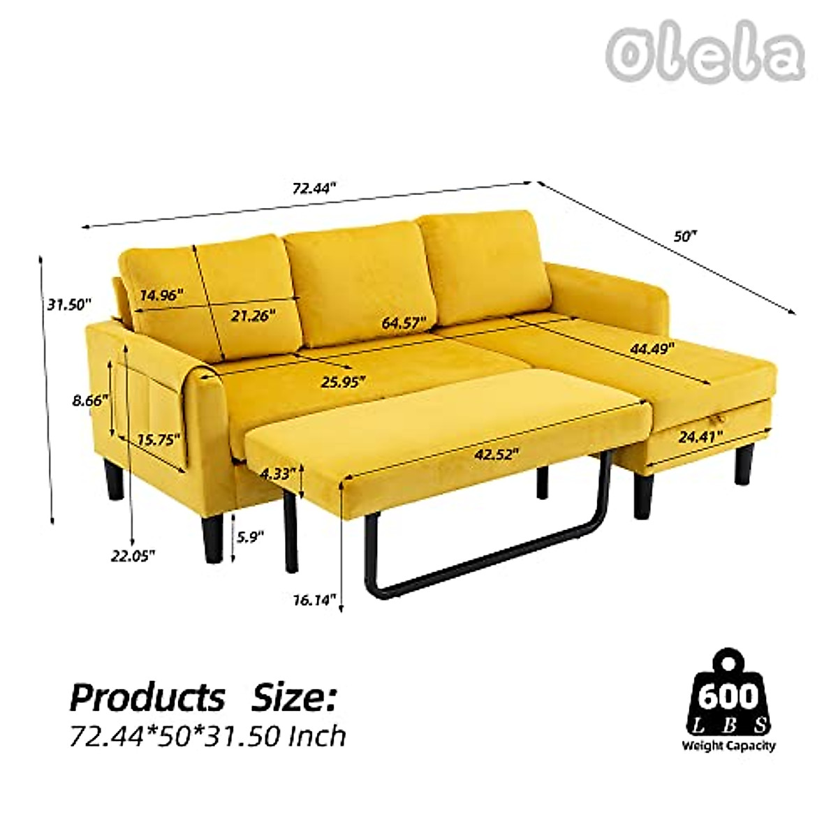Olela Pull Out Sleeper Sofa Couch,Velvet Convertible Sofa Bed L Shape Sectional Sofa with Storage Chaise and Pocket for Living Room (Mustard)