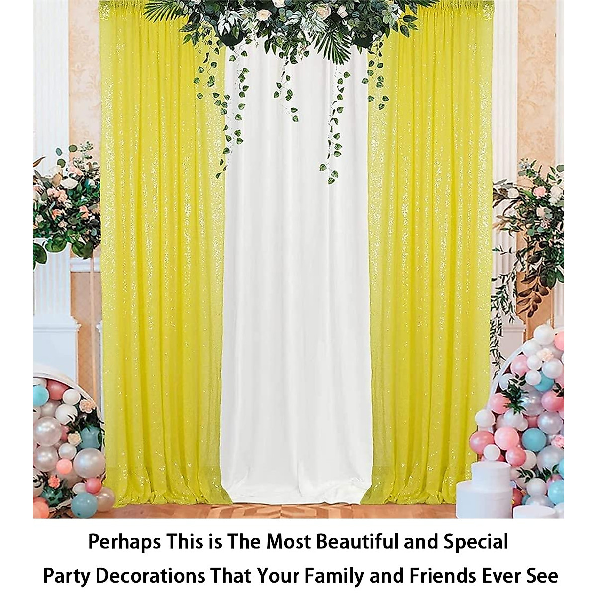 ShinyBeauty Sequin Curtains 2 Panels 2FTx7FT Yellow Sequin Backdrop Curtain Party Photography Background for Wedding Birthday Bridal Baby Shower