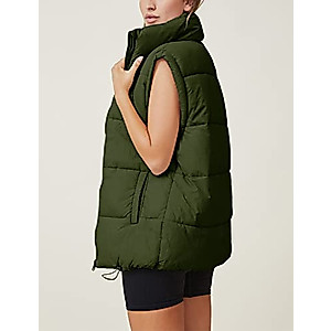 Watashi Women's Quilted Puffer Vest Stand Collar Fall Drawstring Zip Up Sleeveless Gilet Jacket(ArmyGreen-M)