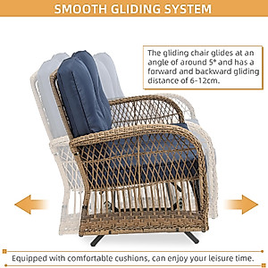 W WARMHOL 2-Person Outdoor Glider Bench Patio Double Swing Rocking Chair with Glass-Top Coffee Table, Patio Glider Wicker Porch Loveseat Seating Patio Steel Frame Chair Set with Cushion, Navy Blue